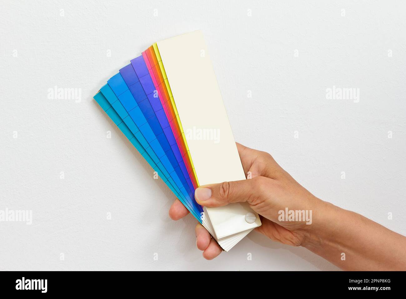 Male hand holding a color palette guide against a white background ...