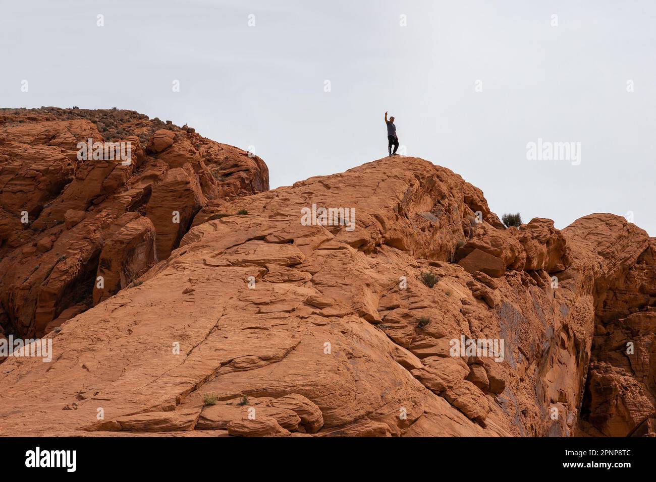 A man atop a large boulder, his right arm raised triumphantly in the ...