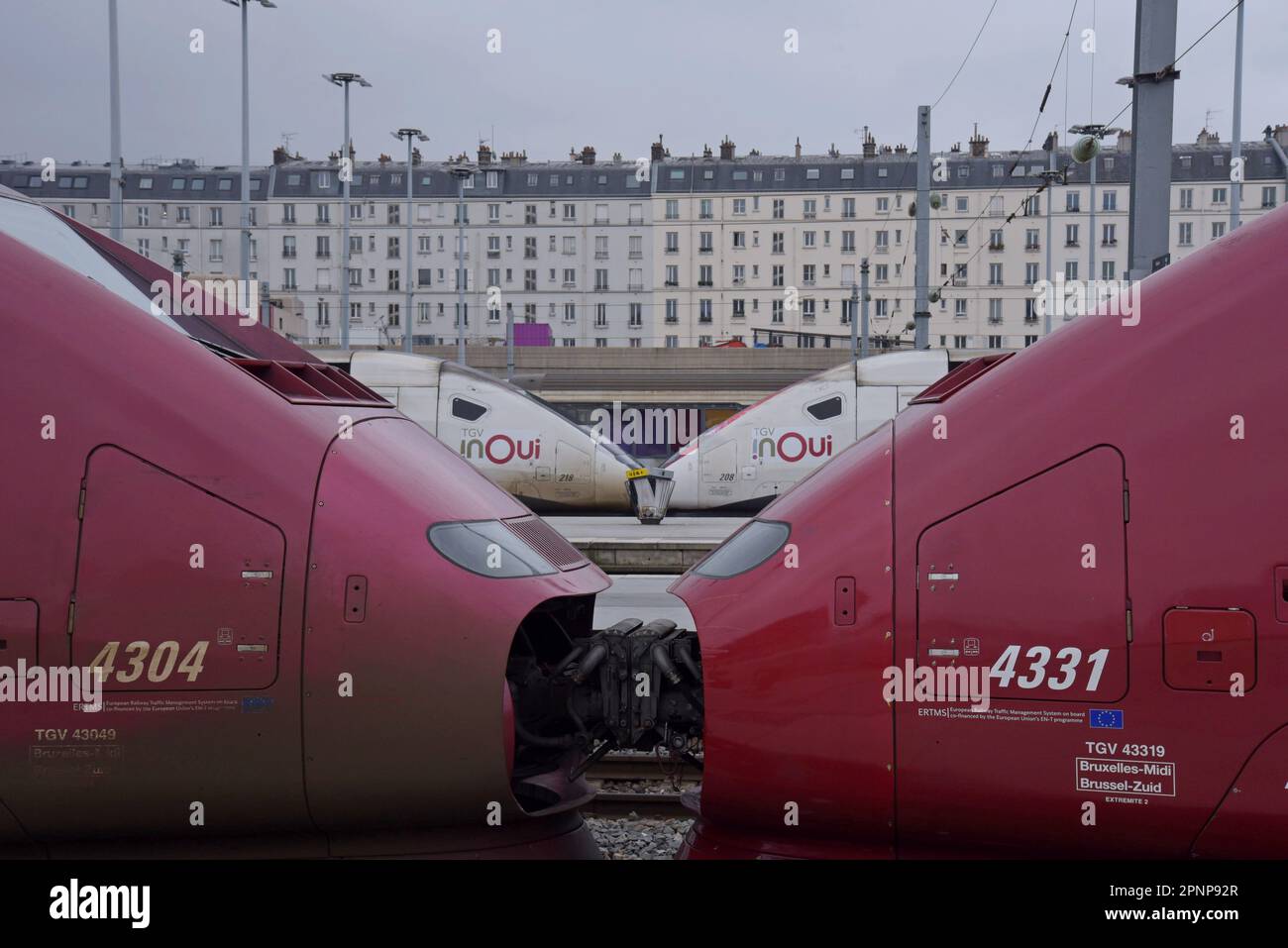 SNCF TGV and Thalys high speed trains joined together at Gare Du Nord railway station, Paris ...