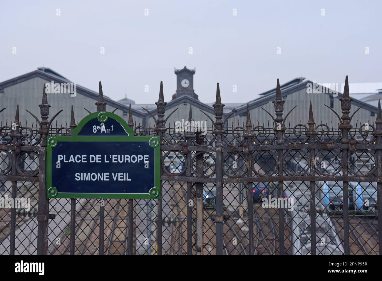 Place De Europe street sign behind the the Gare Saint-Lazare station ...