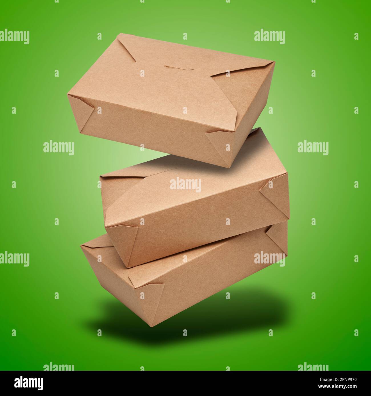 Floating delivery blank carton box for ready to eat food against green ...