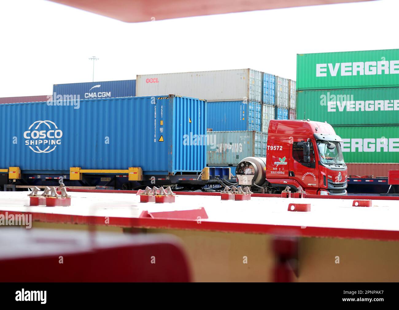 QINGDAO, CHINA - APRIL 20, 2023 - A truck delivers goods at the Qianwan ...