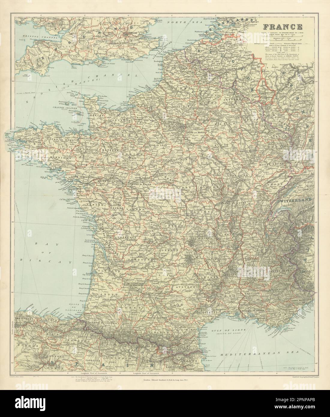 France in departements without Alsace Lorraine. Large 65x54cm. STANFORD ...