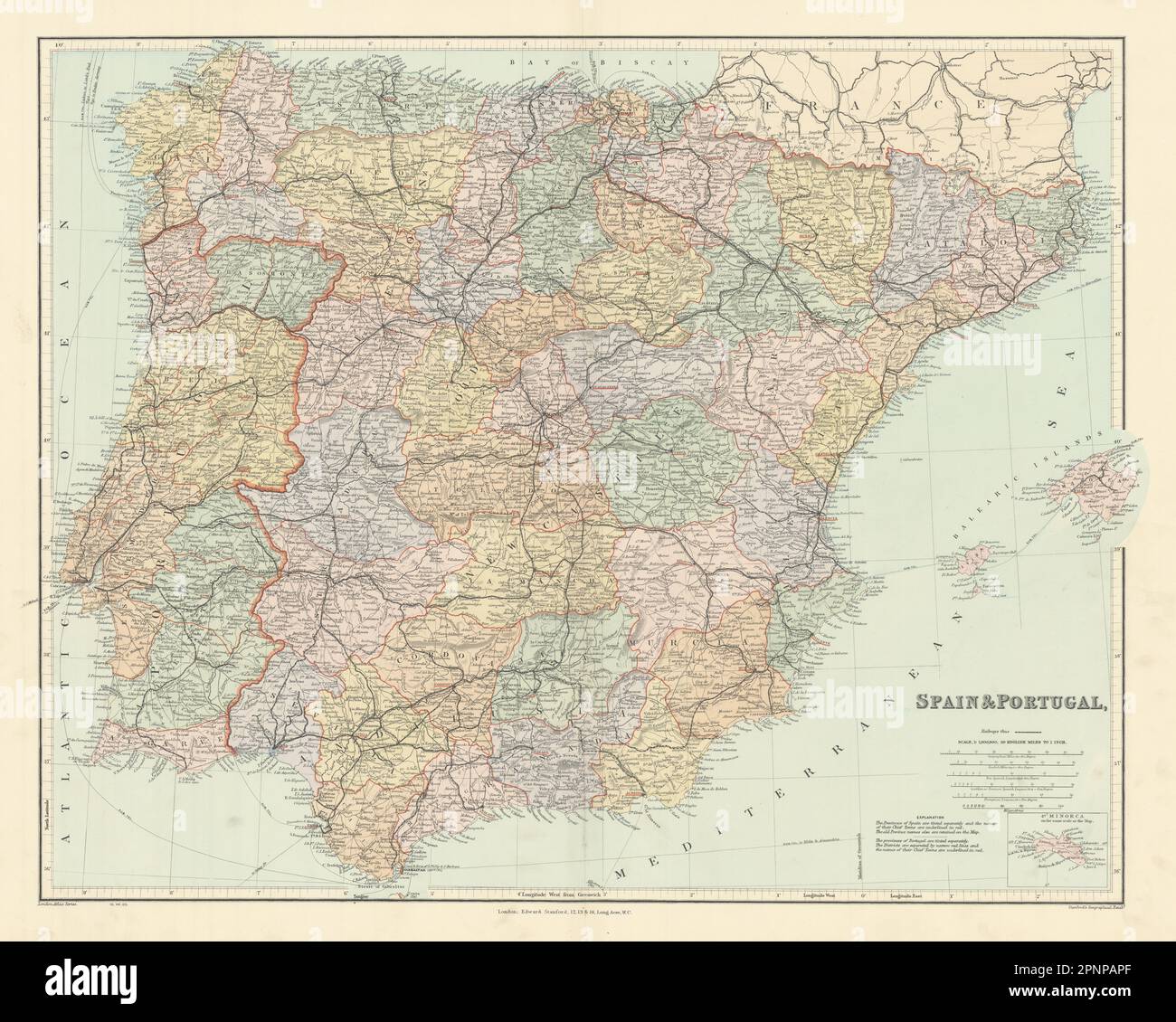 Spain & Portugal. Iberia. Railways. Large 52x65cm. STANFORD 1904 old ...