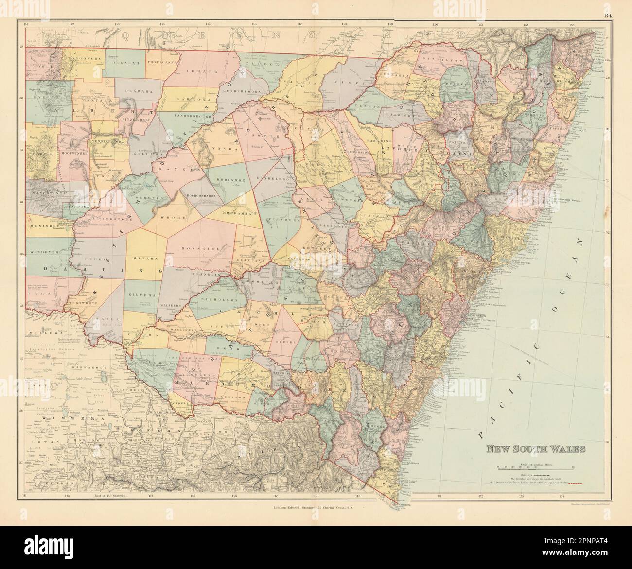 New South Wales showing counties & railways. 53x64cm. STANFORD 1887 old ...