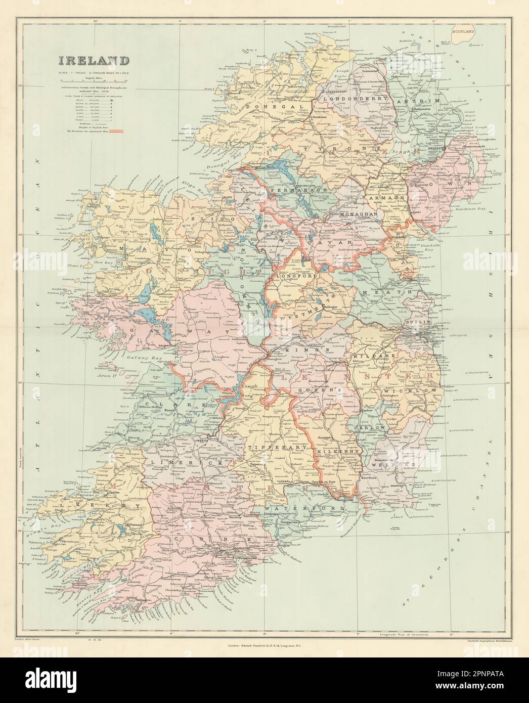 Ireland. Counties, railways & provinces. Large 64x52cm. STANFORD 1904 ...