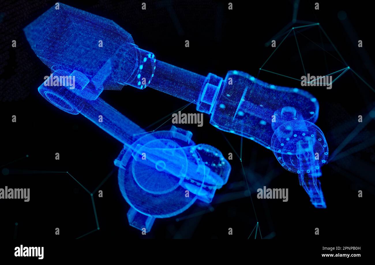 Industrial robot. Glow Blue particles formation in 3d robot hand model ...