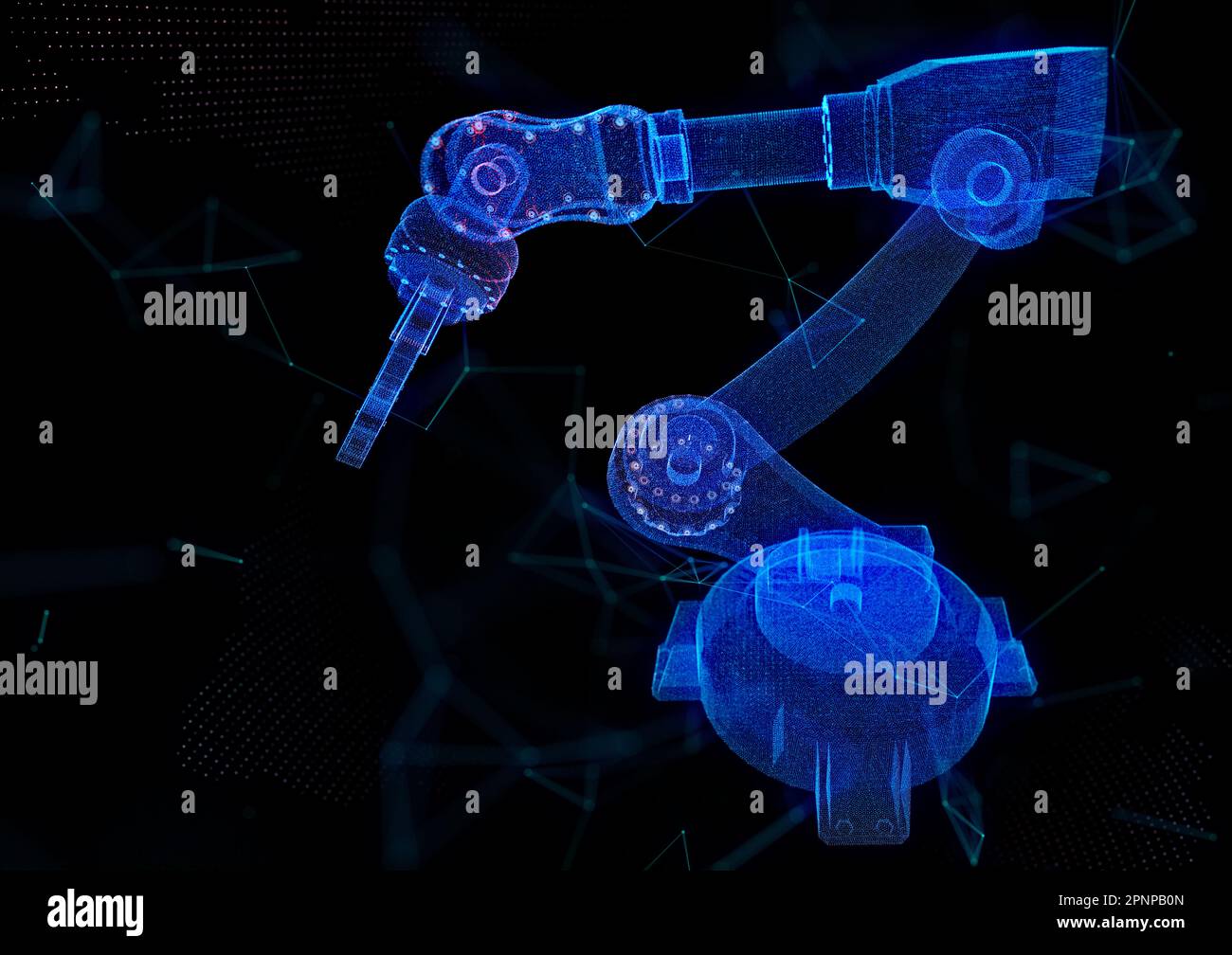 Industrial robot. Glow Blue particles formation in 3d robot hand model ...