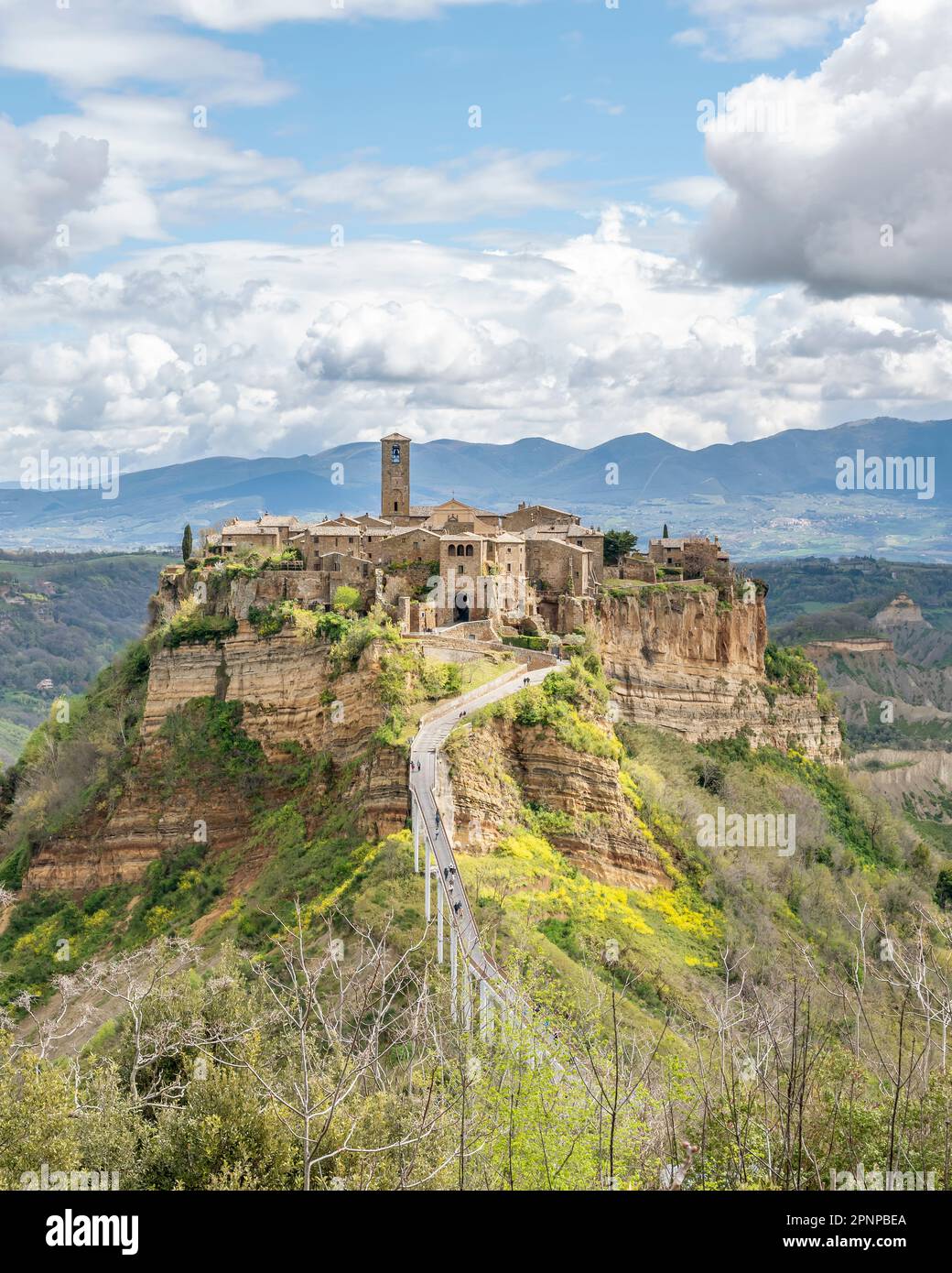 Aerial view of the dying city Civita di Bagnoregio, Viterbo, Italy, in a beautiful spring day ...