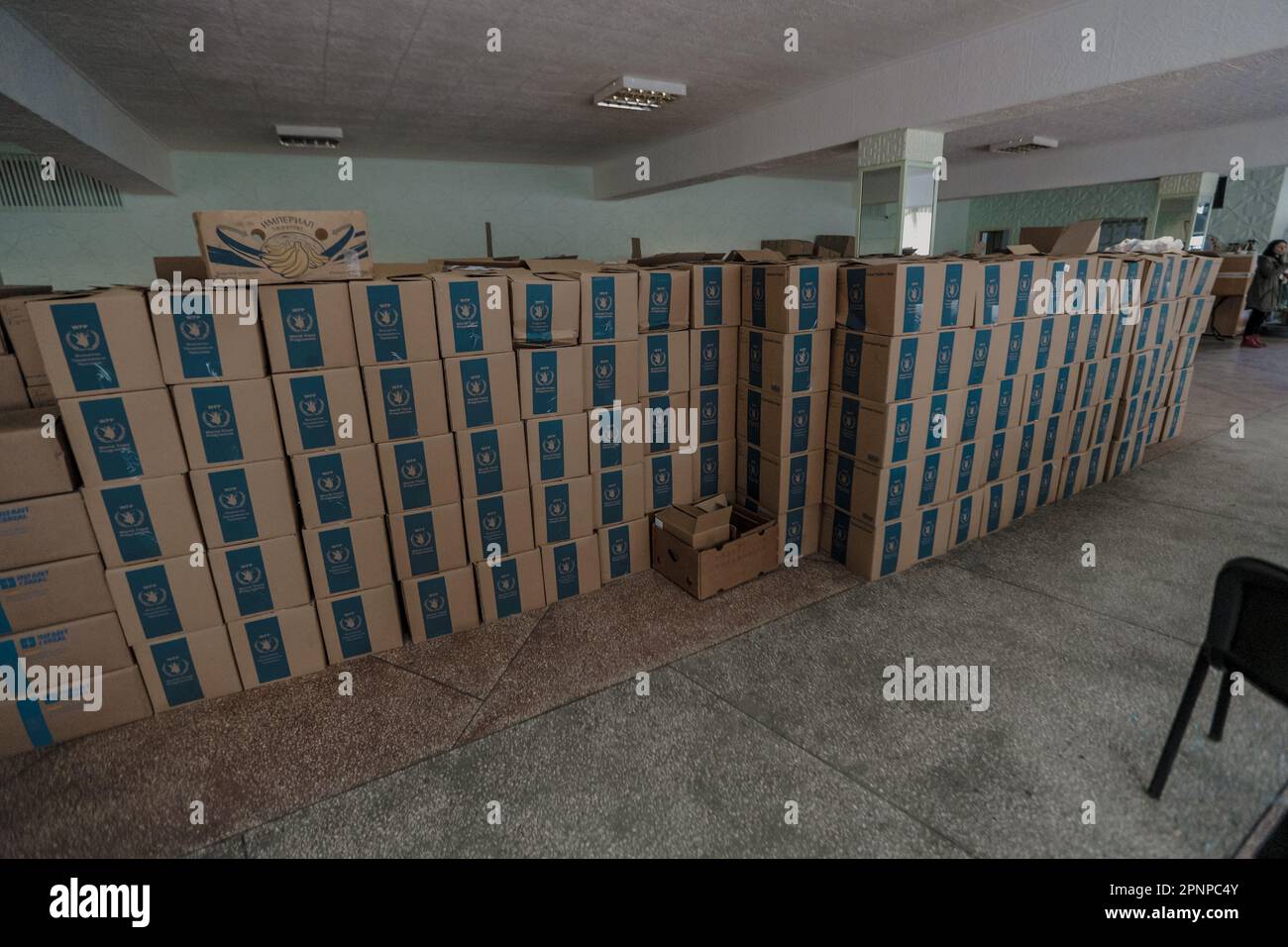 Kherson, Ukraine. 19th Apr, 2023. Humanitarian food boxes seen inside ...