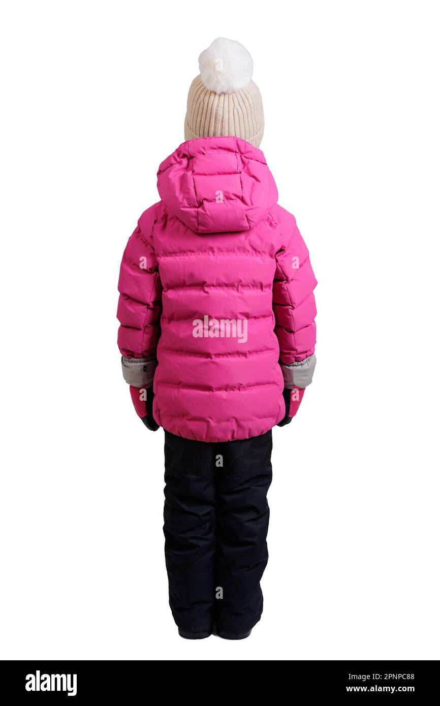 back view of little girl in winter look isolated on white background ...