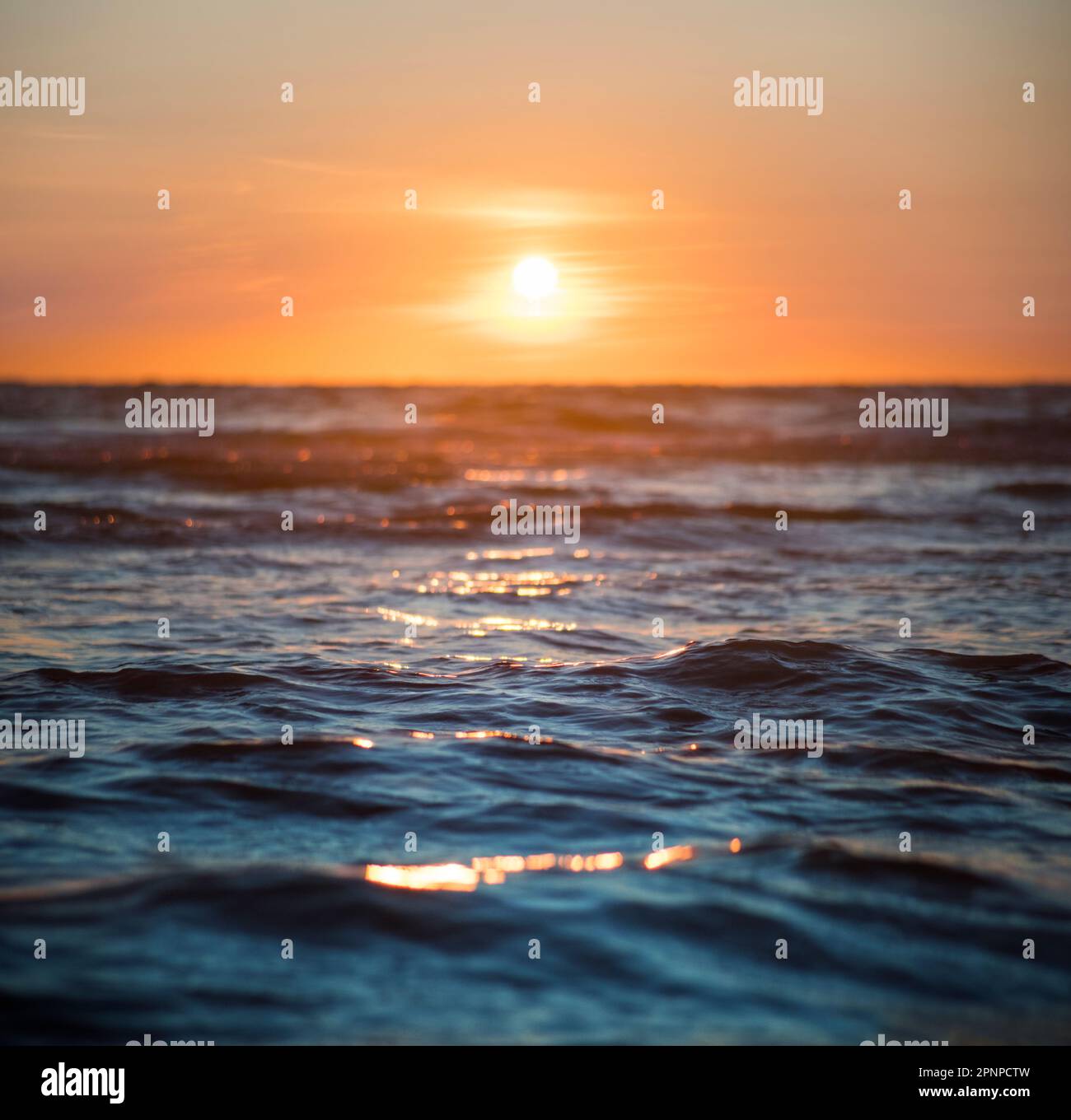 Sunset on the ocean, with the warm light catching the waves close to ...