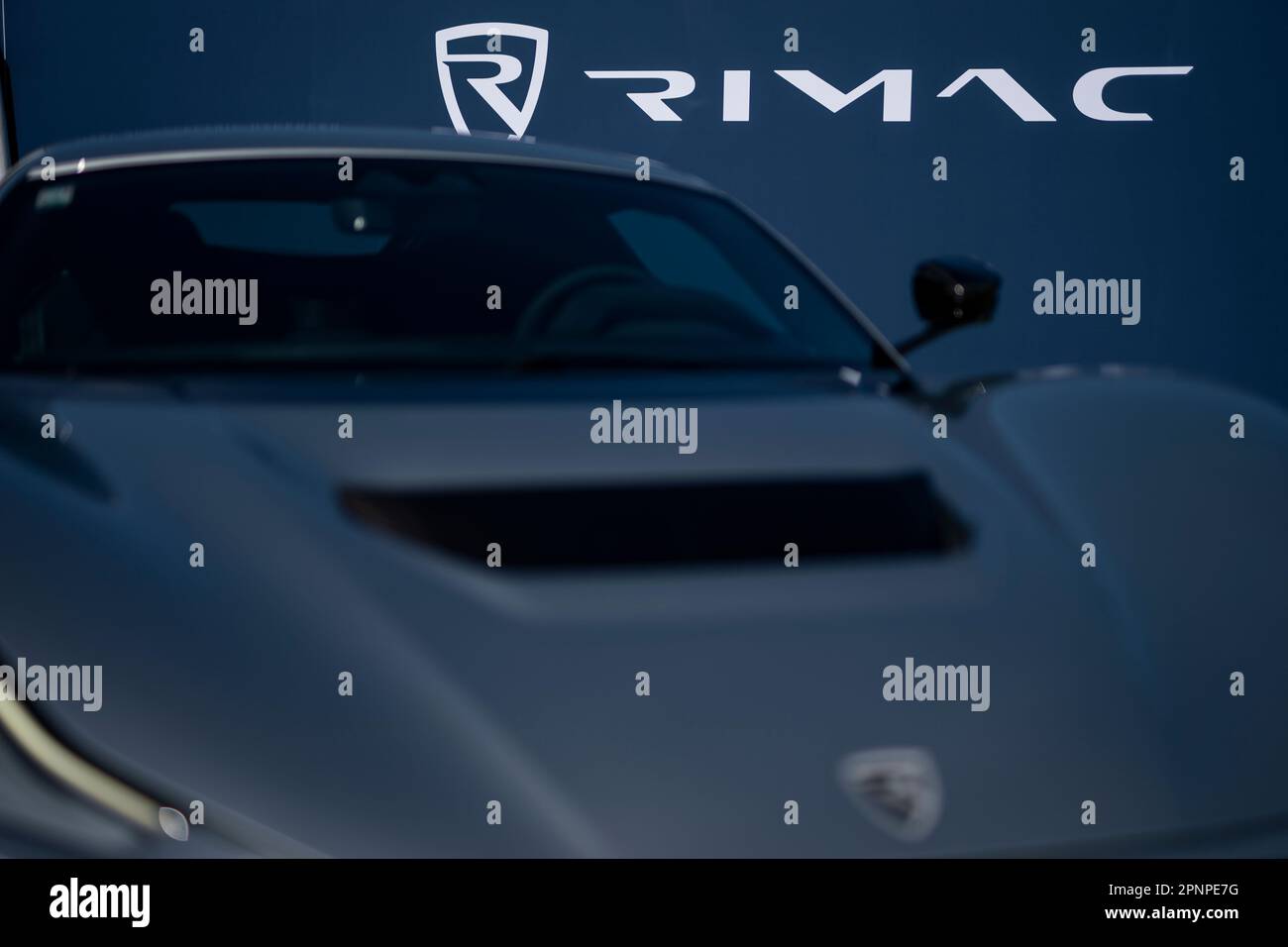 The Rimac logo on display during the preview for Salon Prive London at ...