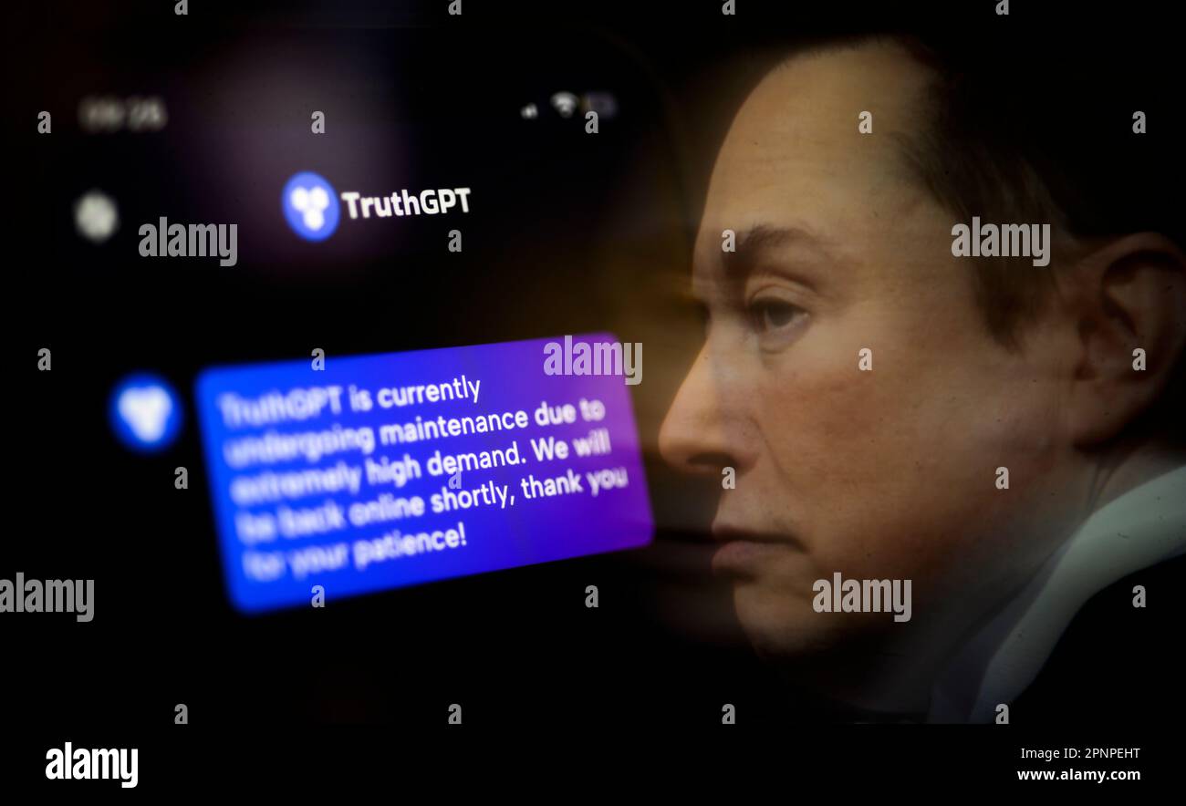 Warsaw, Poland. 20th Apr, 2023. An image of Elon Musk i seen with the Truth GPT artificial ...