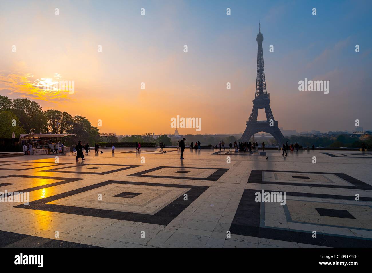 Eiffel Tower, French: Tour Eiffel, silhouette at dawn. View from ...