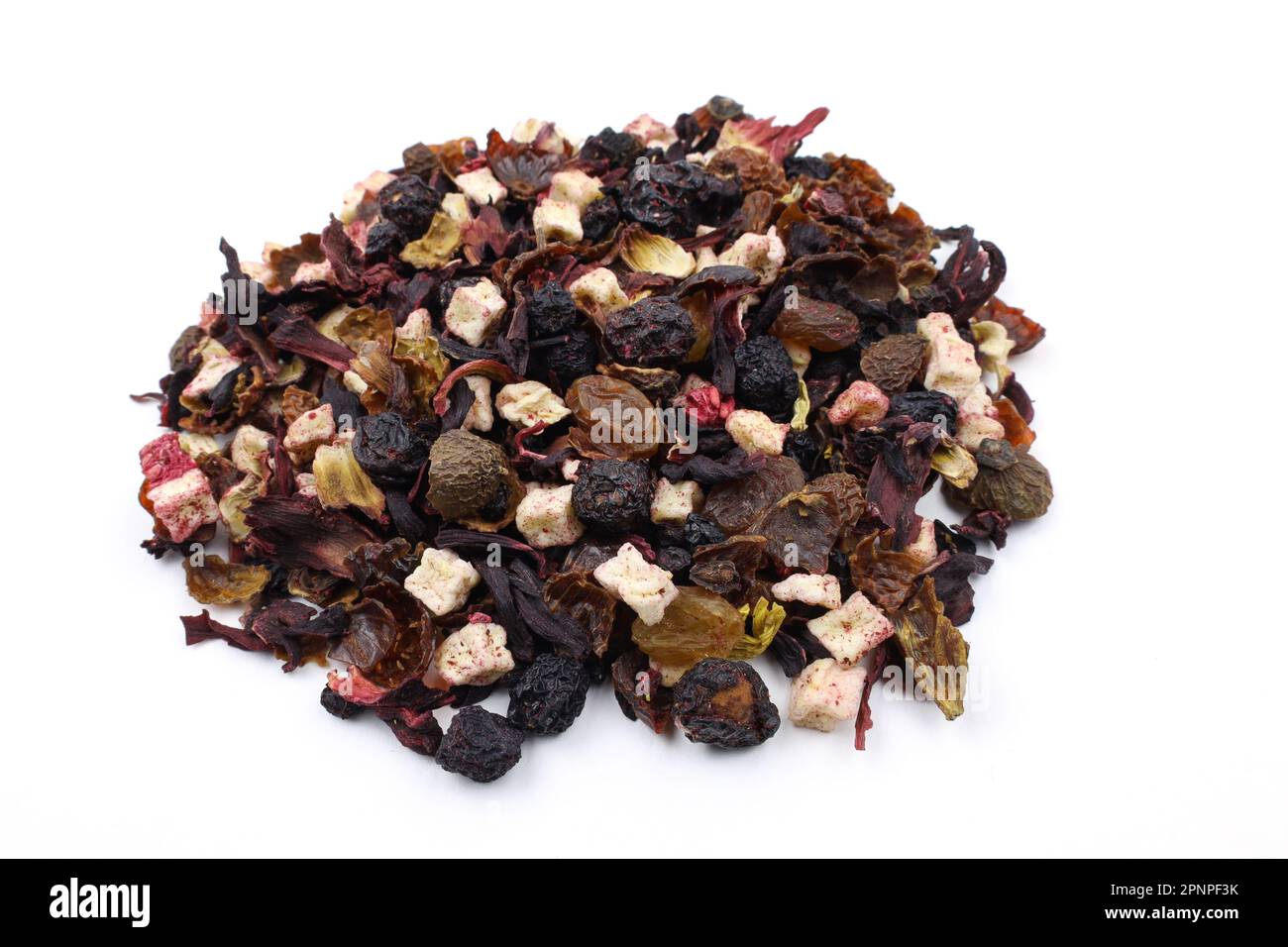 Pile of Fruit tea on a white background. Mix of fruit pieces, hibiscus ...