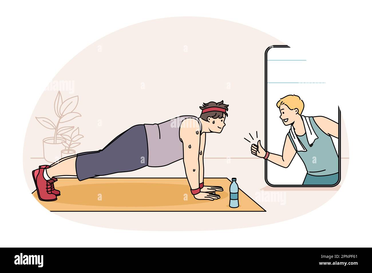 Online training and overweight concept. Smiling sweating fatty man ...