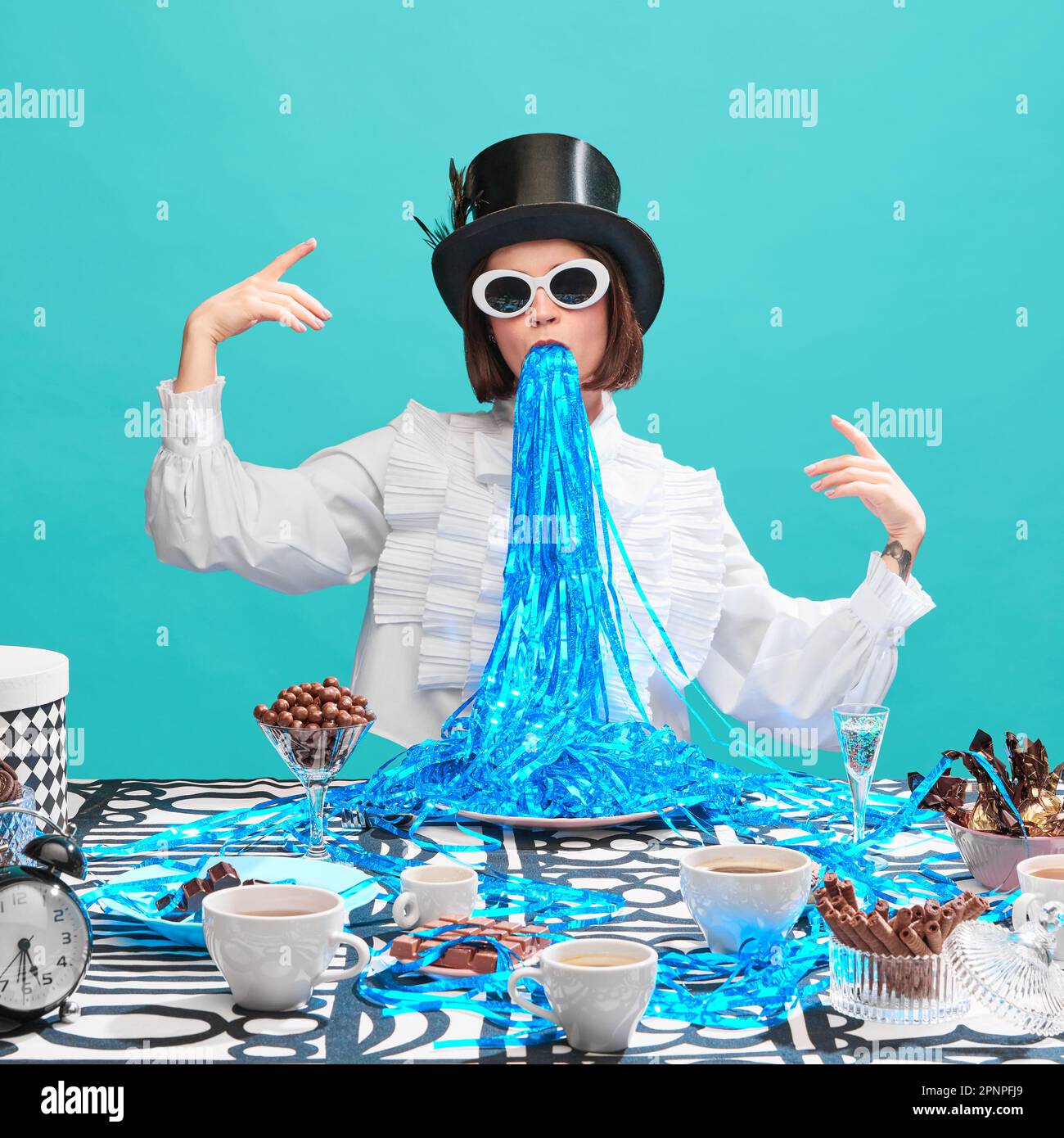 Woman in image of movie character, fairy tale personage in cylinder and ...