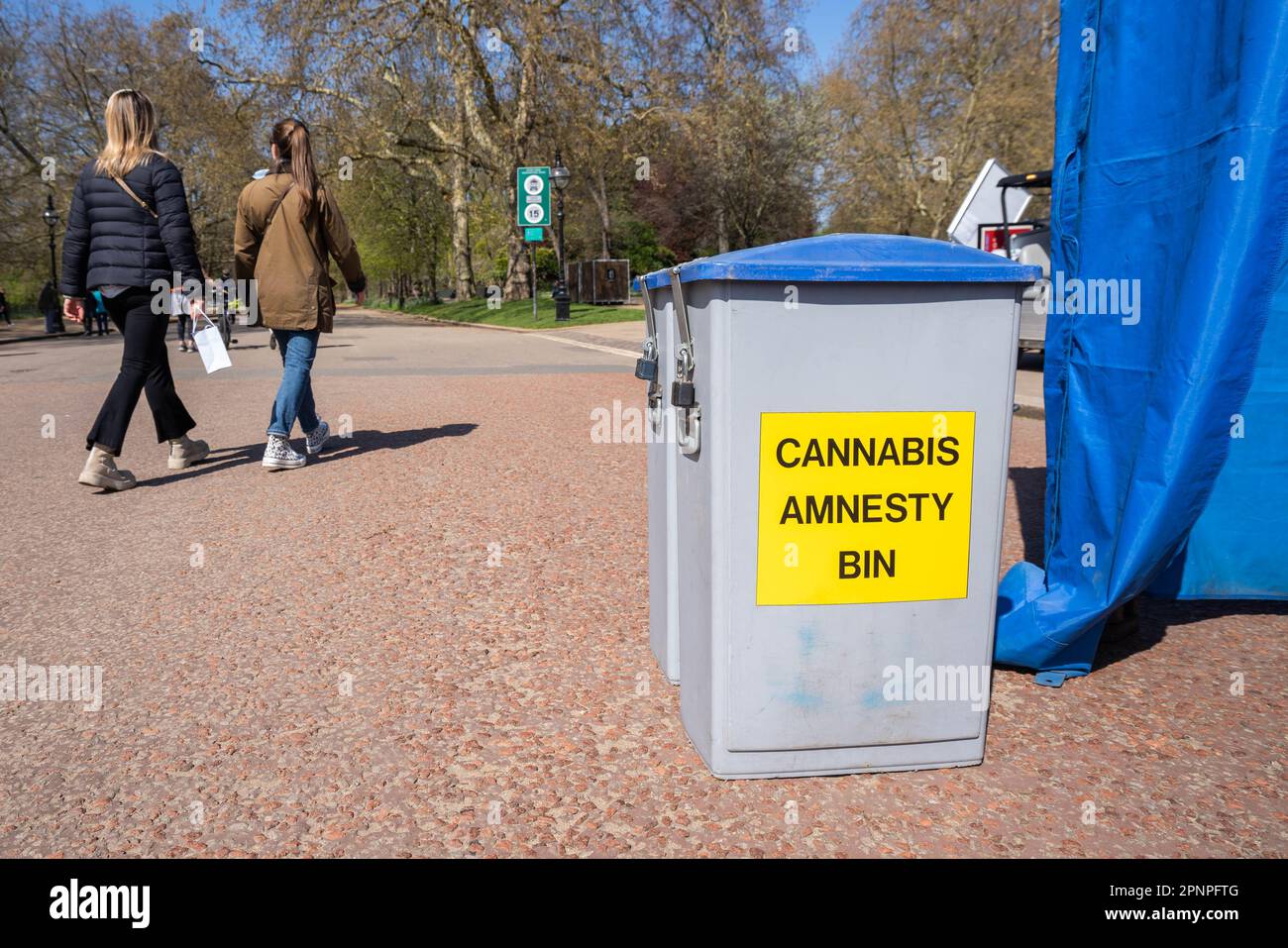 London UK. 20 April 2023. A cannabis amnesty bin is placed by the ...