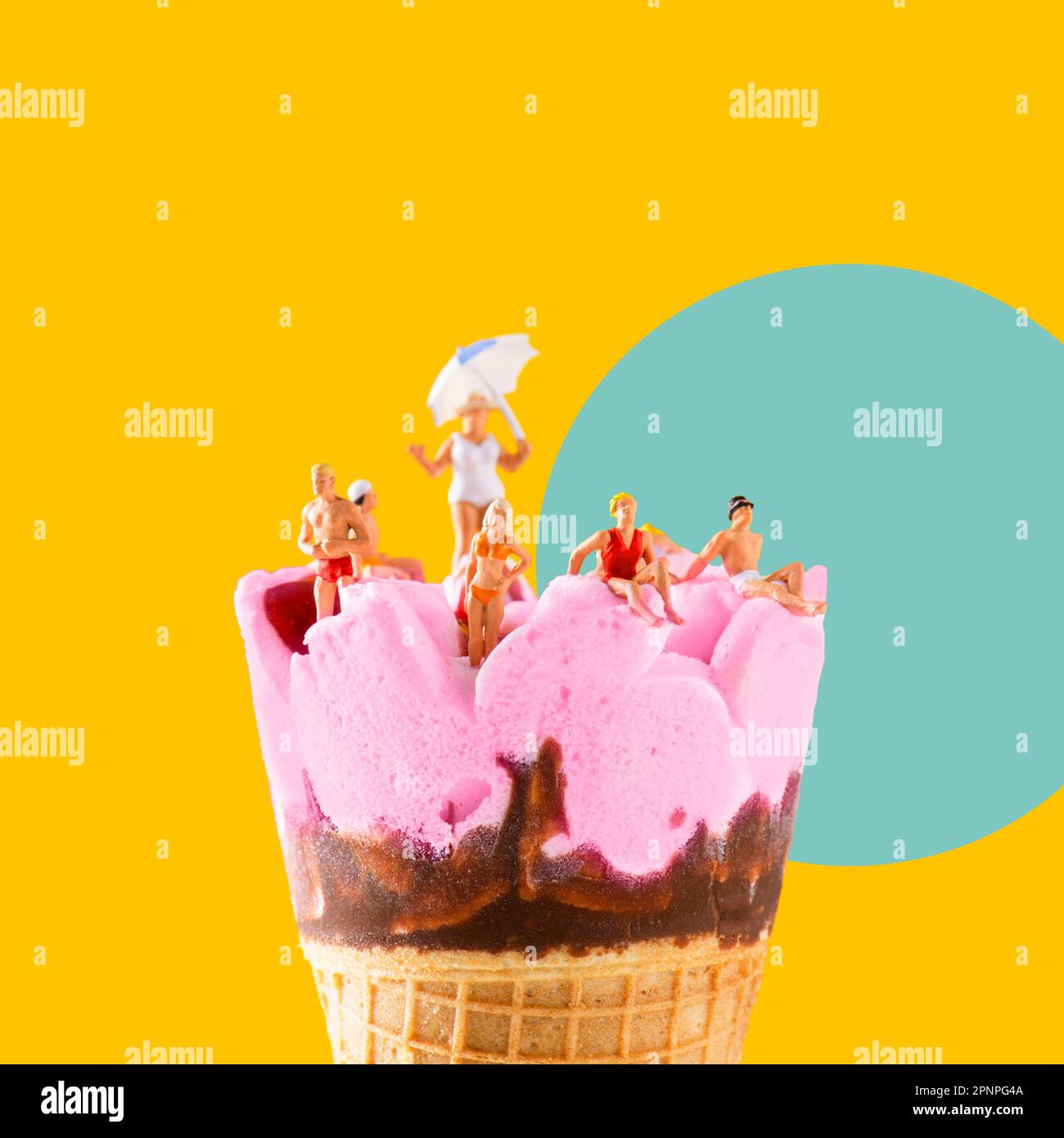 some miniature people in swimsuit relaxing on a pink pre-filled ice ...