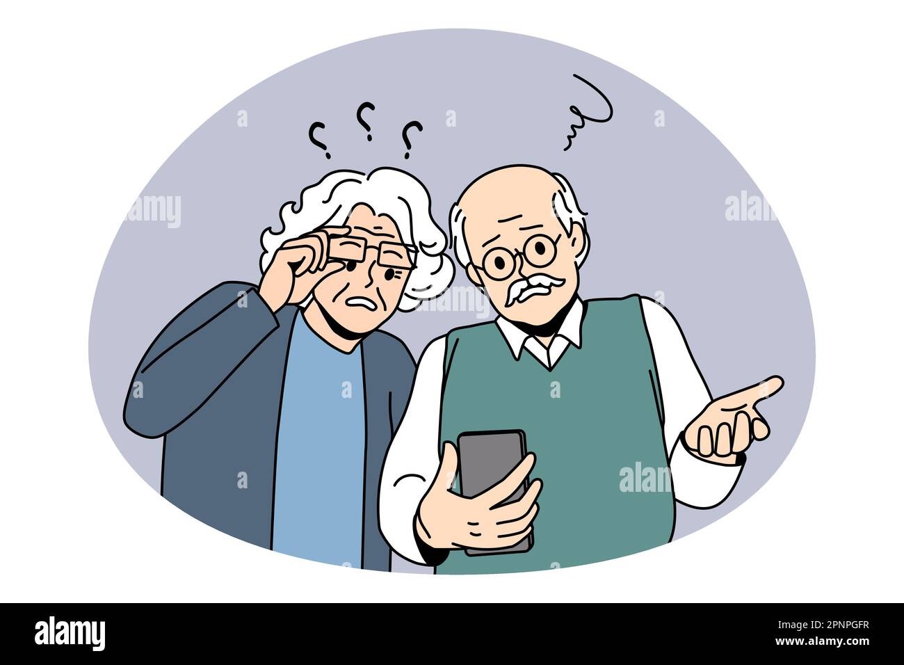 Mature people and technologies concept. Frustrated elderly couple ...