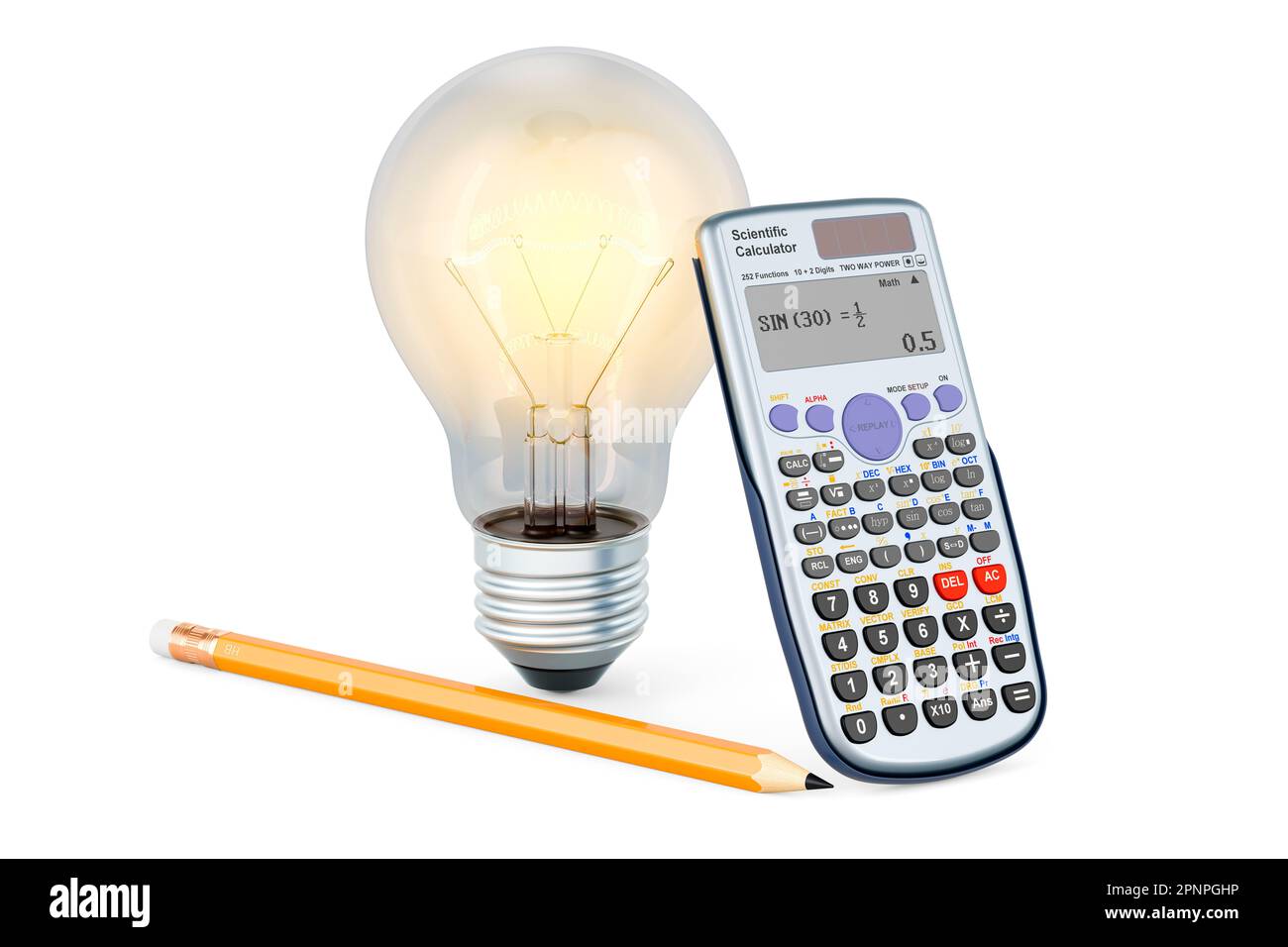 Light bulb with calculator and pencil, idea concept. 3D rendering ...