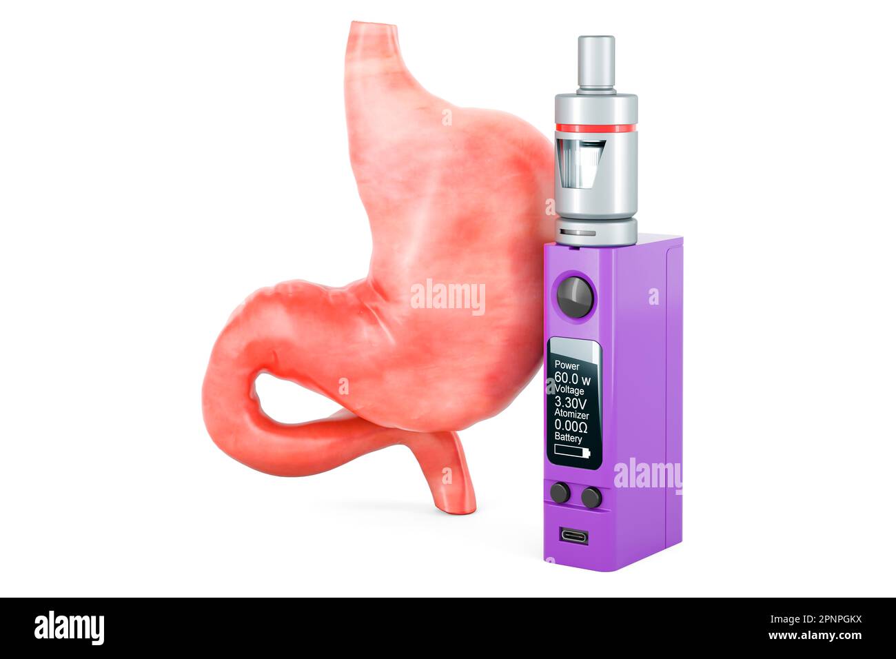 Vape Box Mod e-cigarette with human stomach, 3D rendering isolated on ...