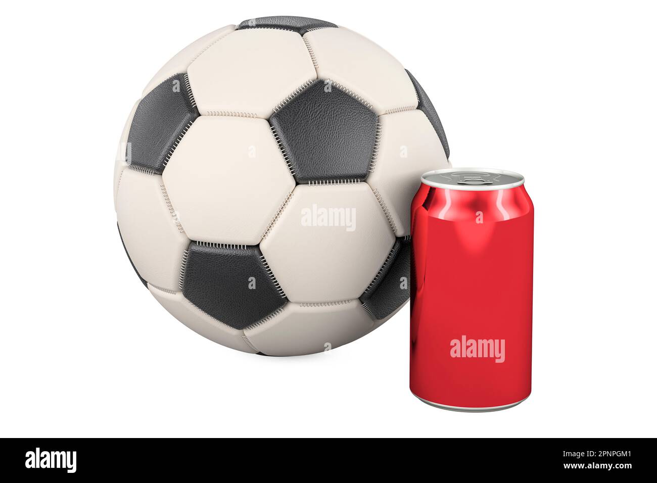 Soccer ball with drink can, 3D rendering isolated on white background ...