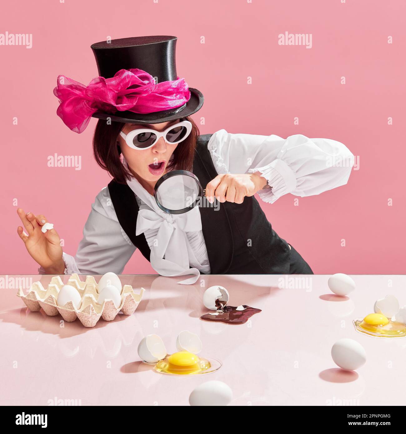 Chocolate detective. Emotional woman in cylinder and sunglasses looking ...