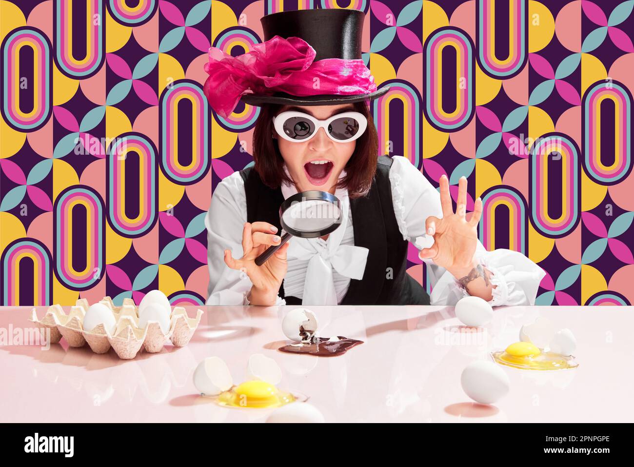 Creating masterpiece. Emotional, excited woman in cylinder and ...