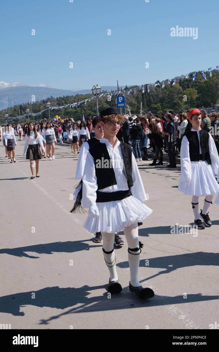 Local teenage boys in national costume on Independence Day in Galaxidi ...