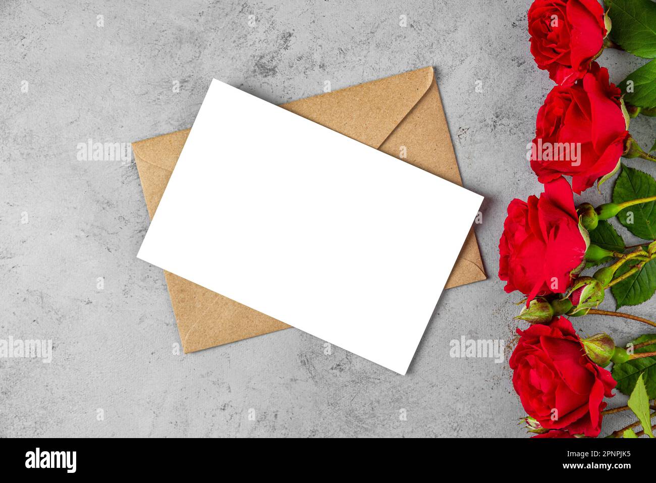 Blank greeting card and envelope with red rose flower on gray ...
