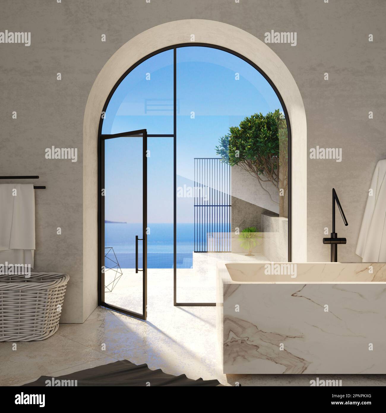 Arched door of a classic mediterranean villa and bathroom Stock Photo ...