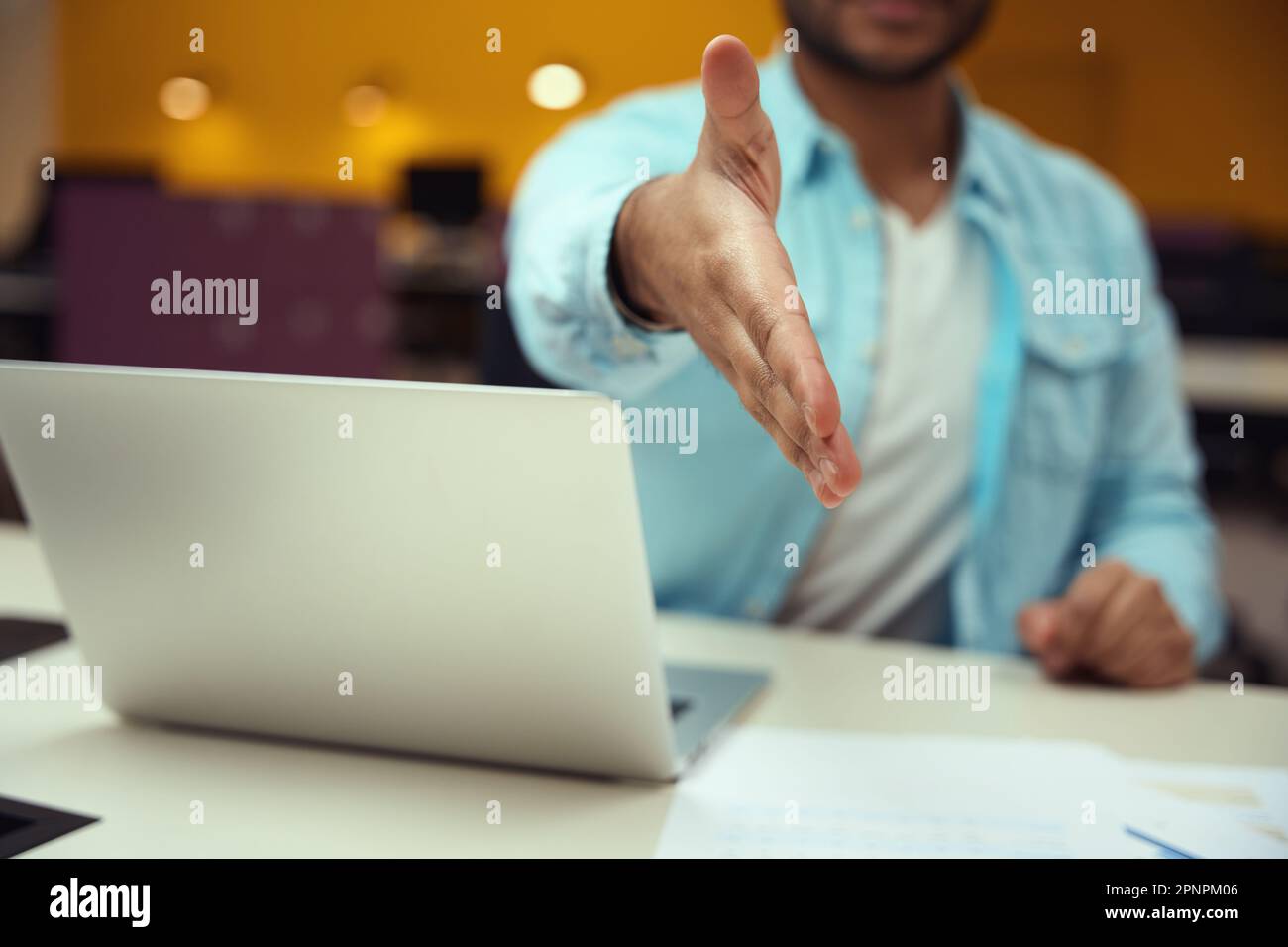 Close up photo male hold out his hand Stock Photo - Alamy