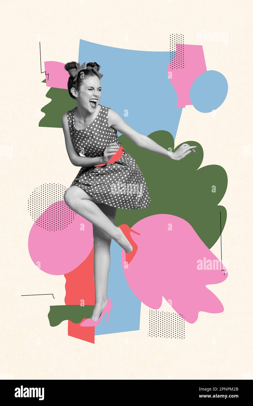Collage 3d pinup pop retro sketch image of funky cool lady dancing ...