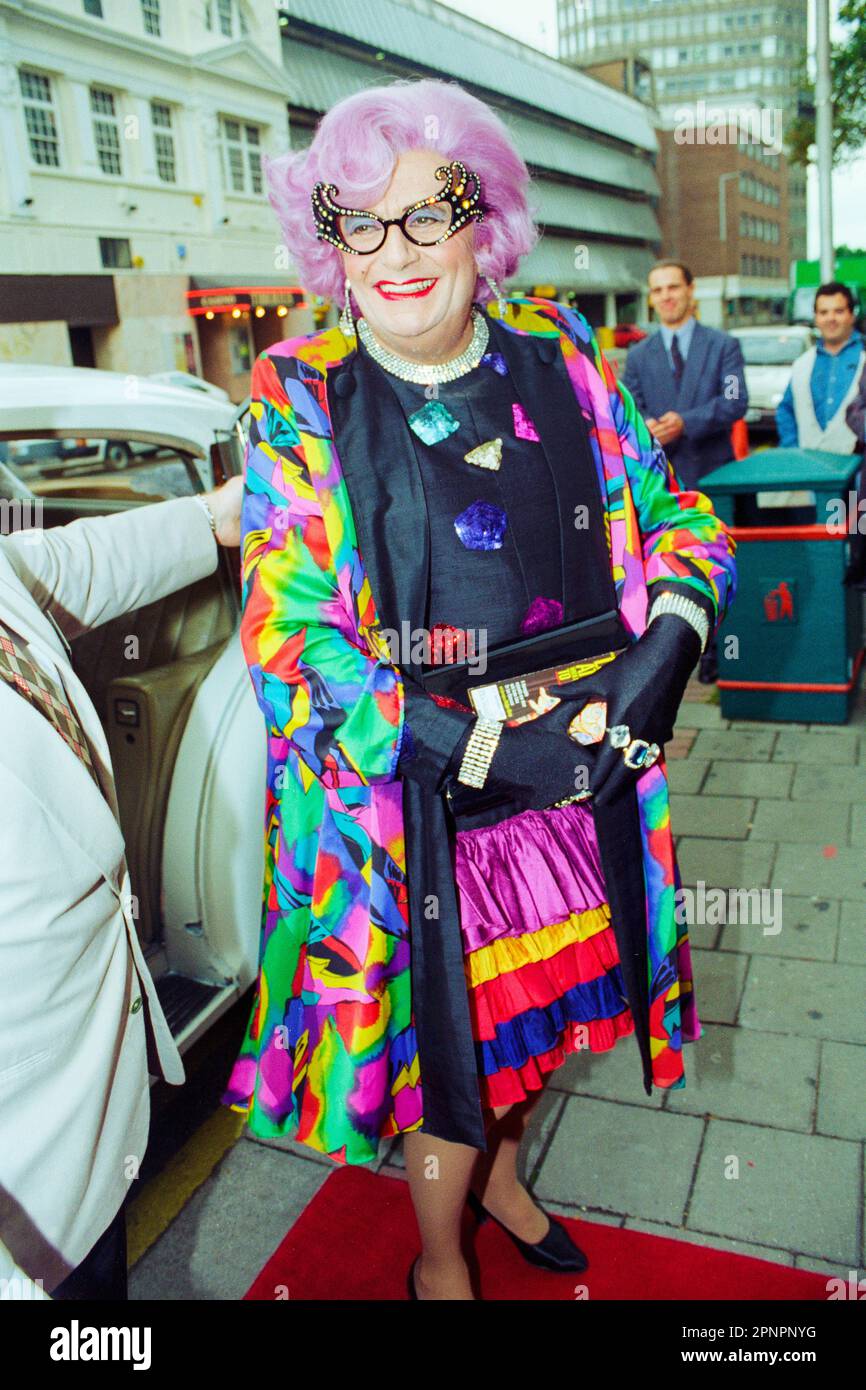 Dame Edna Everage (Barry Humphries) arrives at New Theatre in a white ...