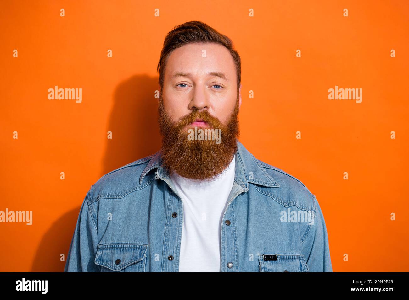 Portrait of serious millennial young guy with groomed beard barber shop ...