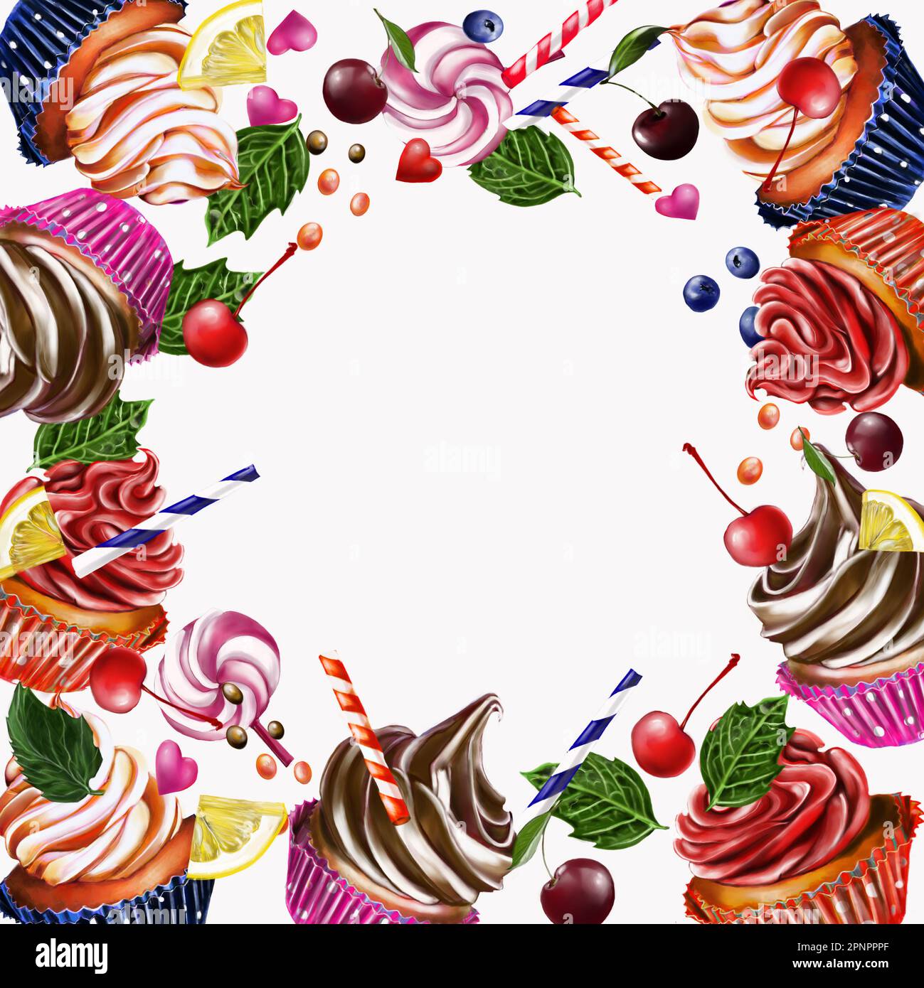 Cupcake, frame of cakes with cream, cookies and leaves, cherry, hearts ...