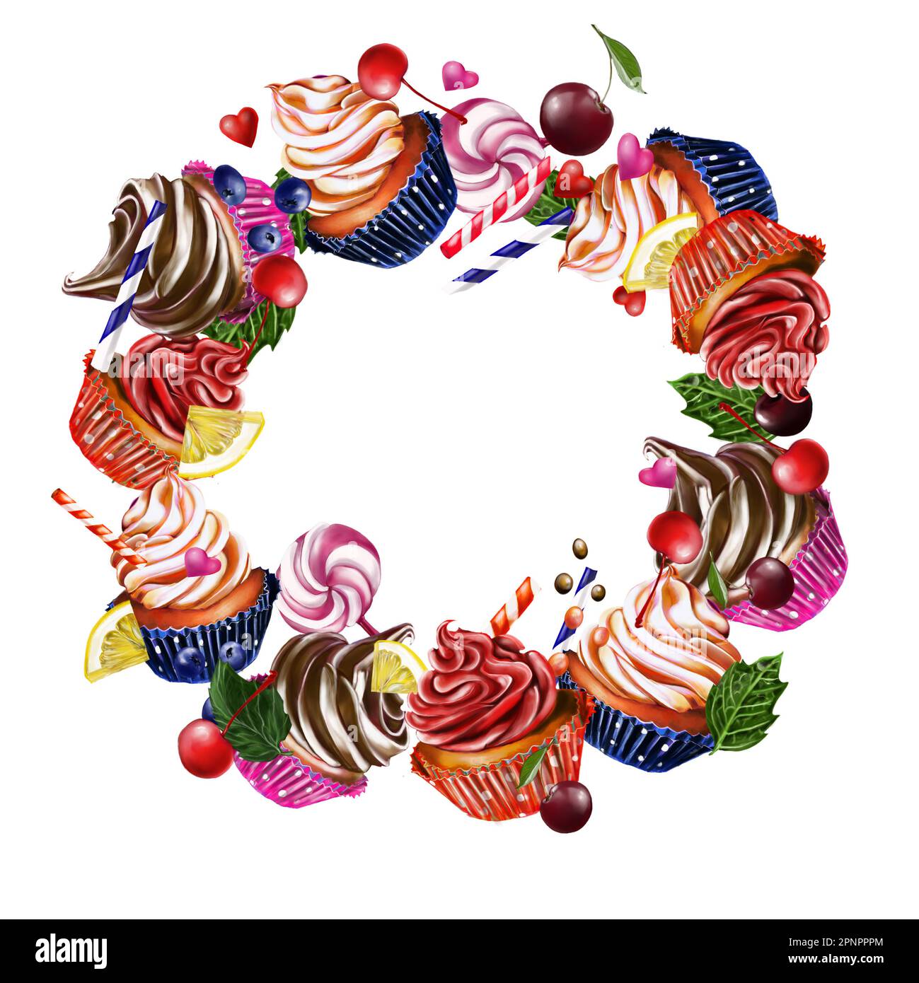 Cupcake, circle frame of cakes with cream, cookies, leaves, cherry ...