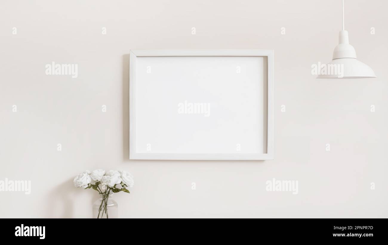 White wooden frame for pictures with rectangular horizontal shape on ...