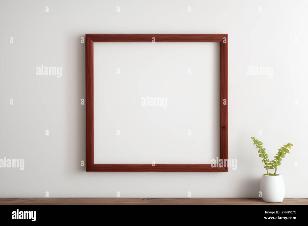 Wooden frame with square shape hanging on a white wall mockup for ...