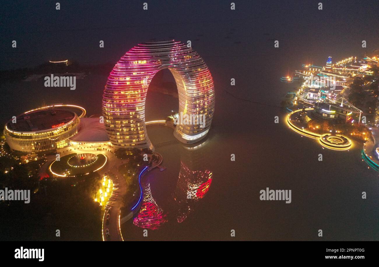 Aerial photo shows night view of the China's first ring-shaped ...