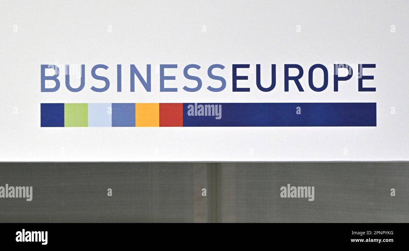 The logo of BUSINESS EUROPE is seen at Keidanren Kaikan in Chiyoda Ward ...