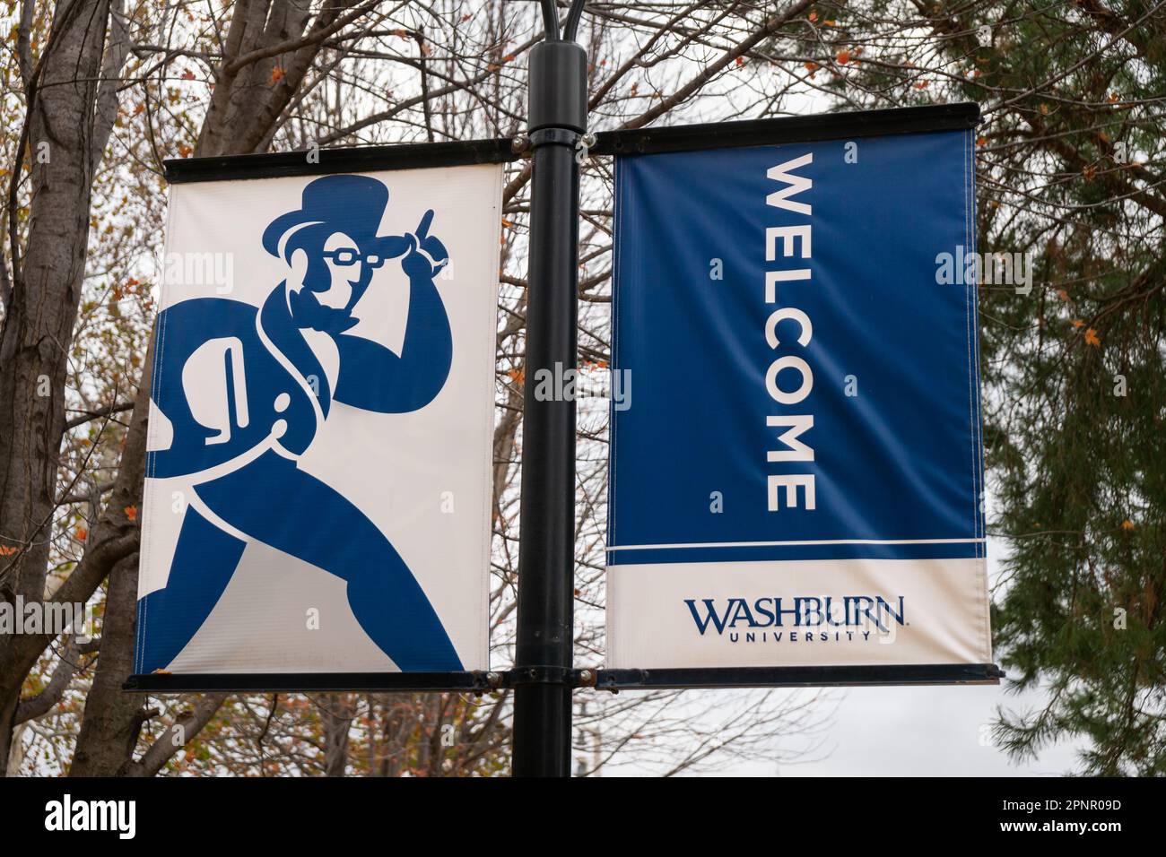 TOPEKA, KS, USA – NOVEMBER 3, 2022: Campus flag and banner on the ...