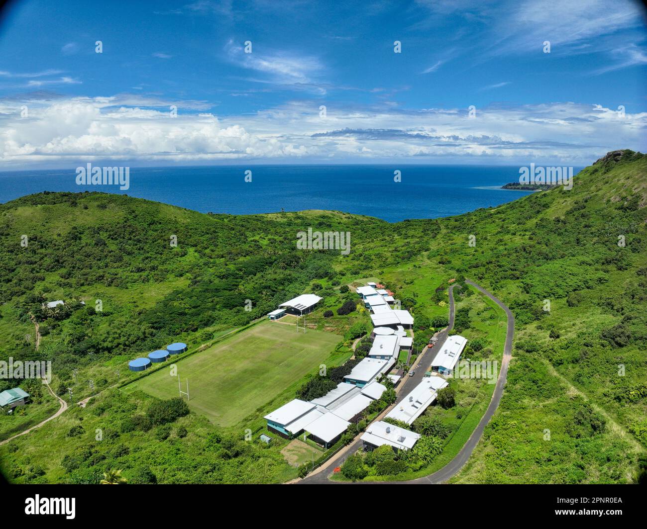 Aerial view of lush green tropical island in Torres Strait, Murray ...