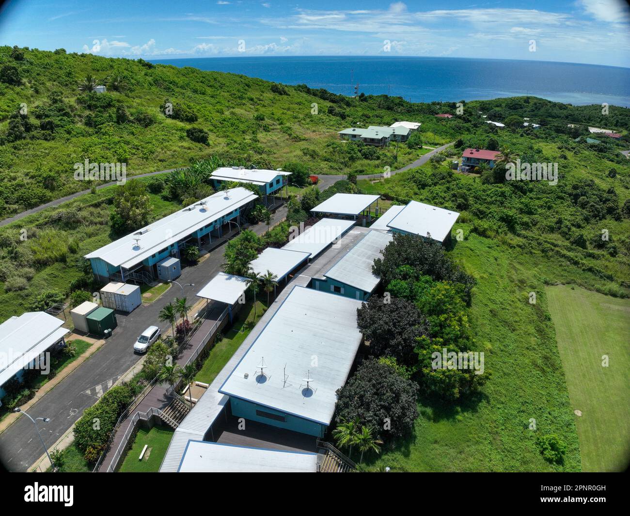 Aerial view of lush green tropical island in Torres Strait, Murray ...