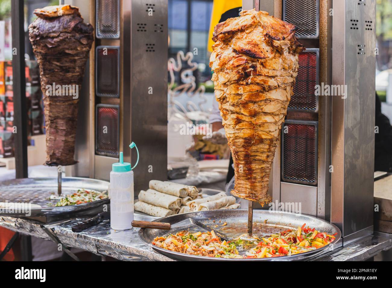 Traditional turkish food chicken doner and beef doner kebab on street ...