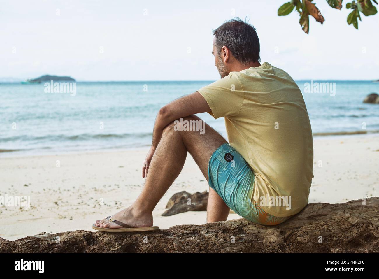 Man sitting on a tree trunk looking out to sea, Thailand Stock Photo ...