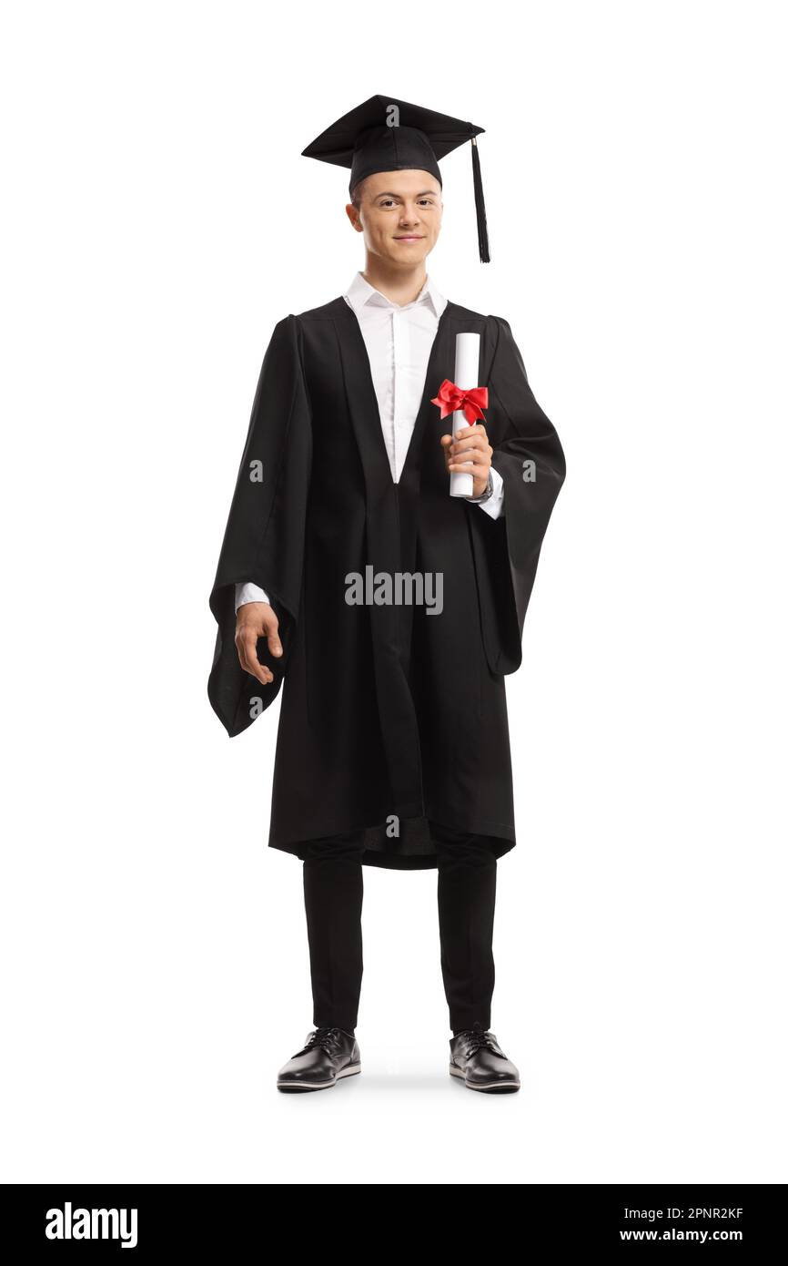 Full length portrait of a smiling male student wearing a graduation ...