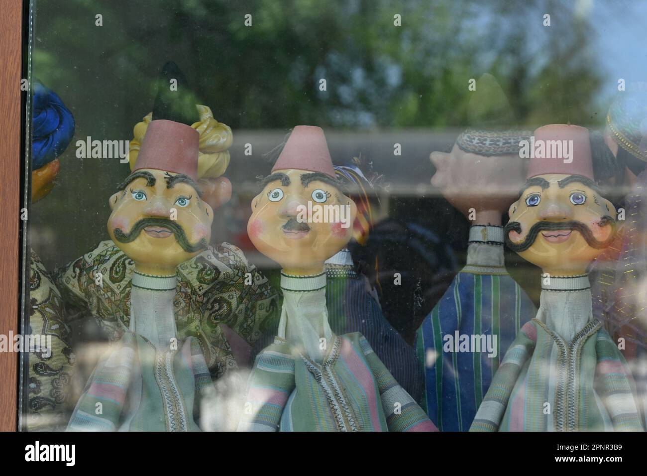 Close up of handmade puppets inside a puppet workshop in Bukhara ...